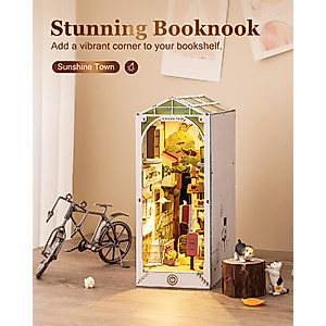 Rolife DIY Book Nook Kit 3D Wooden Puzzle for Adults 9.5" Bookshelf Indert Decor with LED Miniature Dollhouse Kit Bookend Crafts Diorama Hobbies Gifts for Boys Girls (Sunshine Town)