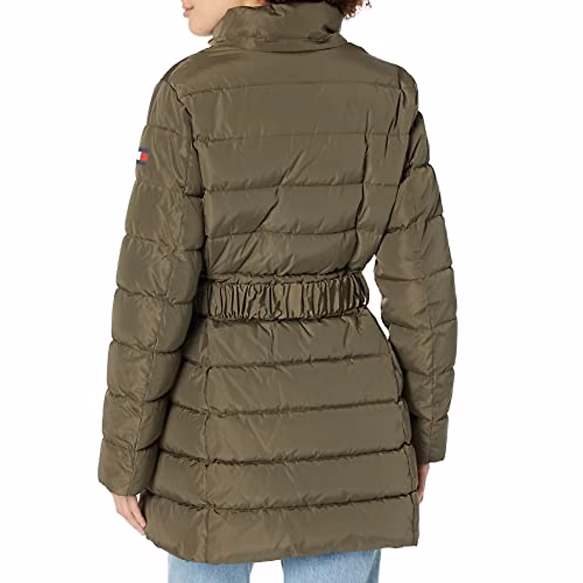 Tommy Hilfiger Women Fur Long Puffer Hooded Belt at Waist Jacket, Juniper, Small