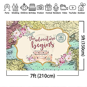 Mocsicka Adventure Awaits Backdrop Global Travel Adventure Begins Travel Baby Shower Party Decorations Vinyl Dessert Table Background Photobooth Prop (7x5ft)