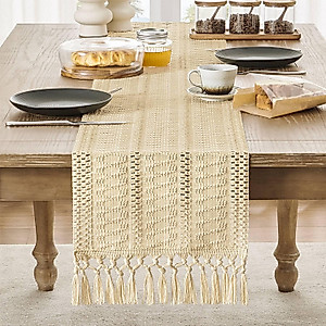 ZeeMart Macrame Style Boho Table Runner, Beige Table Runners 72 Inches Long, Farmhouse Woven Home Decor, 12x72 Inch, Beige