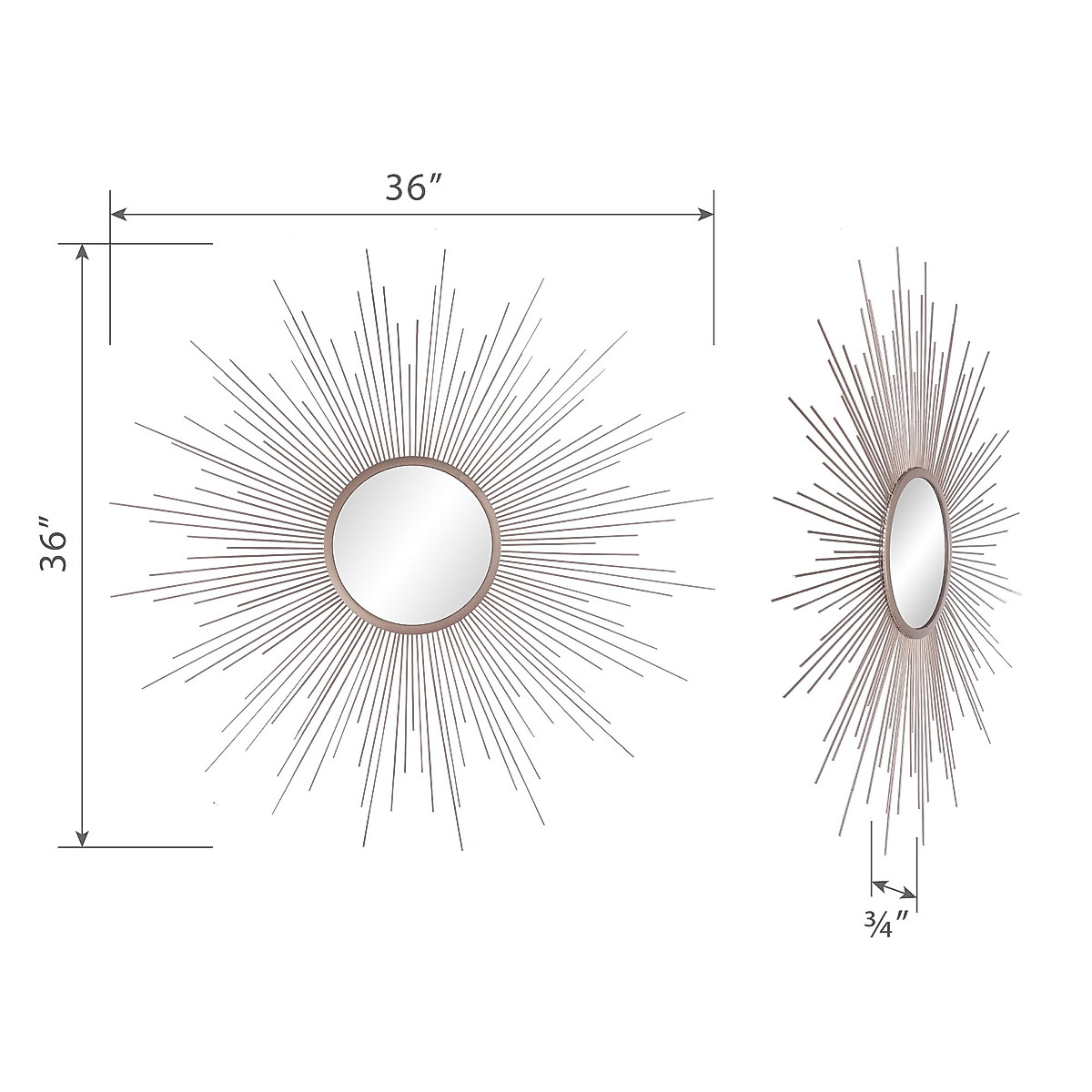 Patton Wall Decor Champagne Rays Sunburst Metal Framed Mirror, 36", Gold