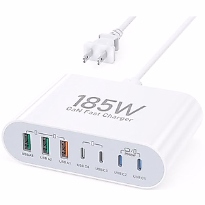 185W USB C Fast Charger Block, 7 Port USB C Charger Charging Station Hub Brick Multiport Charger Laptop Power Adapter for MacBook Pro Air iPad Pro iPhone 15 14 13 12 Galaxy Note S23 Pixel Steam Deck