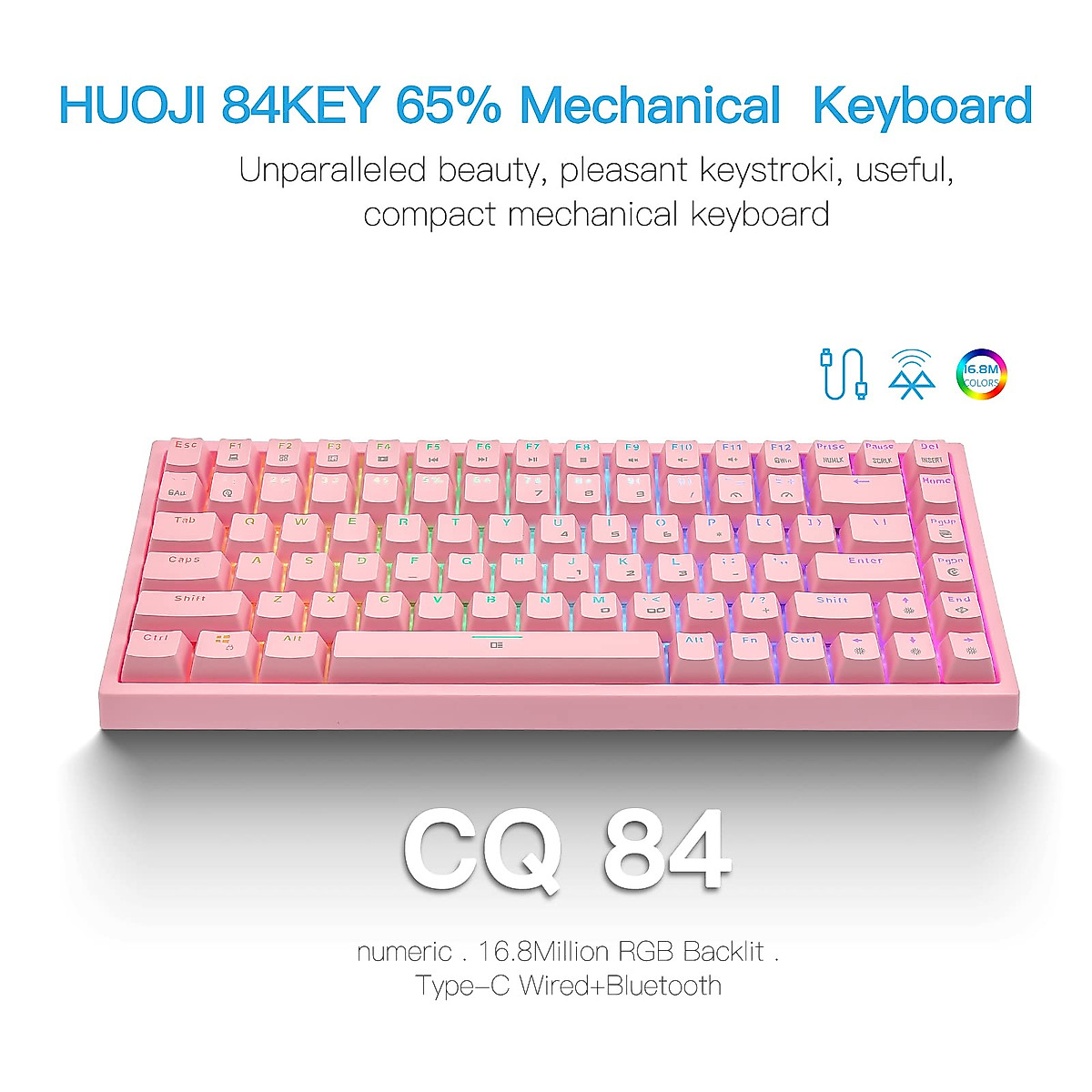 OKKID Wireless Mechanical Keyboard 60%, Bluetooth Wired Gaming Keyboard, Blue Switches, RGB Backlight, CQ84 Wired Keyboard, Compact 84 Keys, for Windows Computers, Tablets, Smartphone