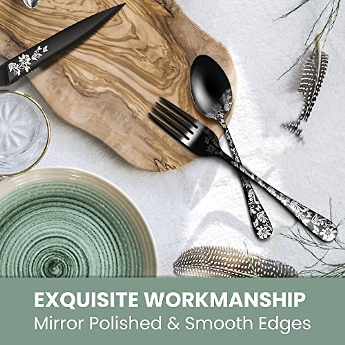 MOVNO 24-Piece Black Silverware Set, Food-Grade Stainless Steel Black Flatware Cutlery Set Service for 4, Durable Metal Tableware Utensils Set with Fork Spoon Knife, Mirror Polished