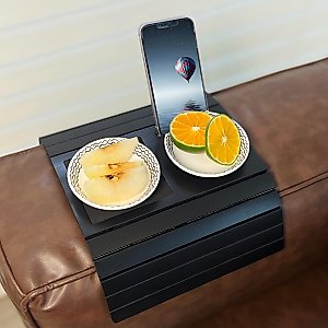 SUYUDSM Sofa Armrest Table Tray for Couch, Foldable Bamboo Sofa Tray Phone Holder, Small Couch Arm Side Table Perfect for Cup Drinks Snacks Remote Control, Small Size (Black)