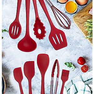 K & G Silicone Cooking Utensils Set 11 pcs red kitchen utensils set with holder, spatula, whisk, tongs, soup ladle, silicone spoon & more. Non-stick, dishwasher safe, odorless, cookware set friendly