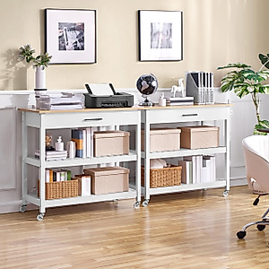 Yaheetech 40" Width Kitchen Island Cart on Wheels, 3 Tiers Rolling Utility Cart with Solid Wood Top and Drawer & 2 Spacious Storage Shelf, Serving Trolley for Dining Room, White