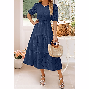 ZESICA Women's 2025 Summer Short Puff Sleeve Crewneck Smocked Floral Lace Flowy A Line Tiered Maxi Dresses,Navy,Small