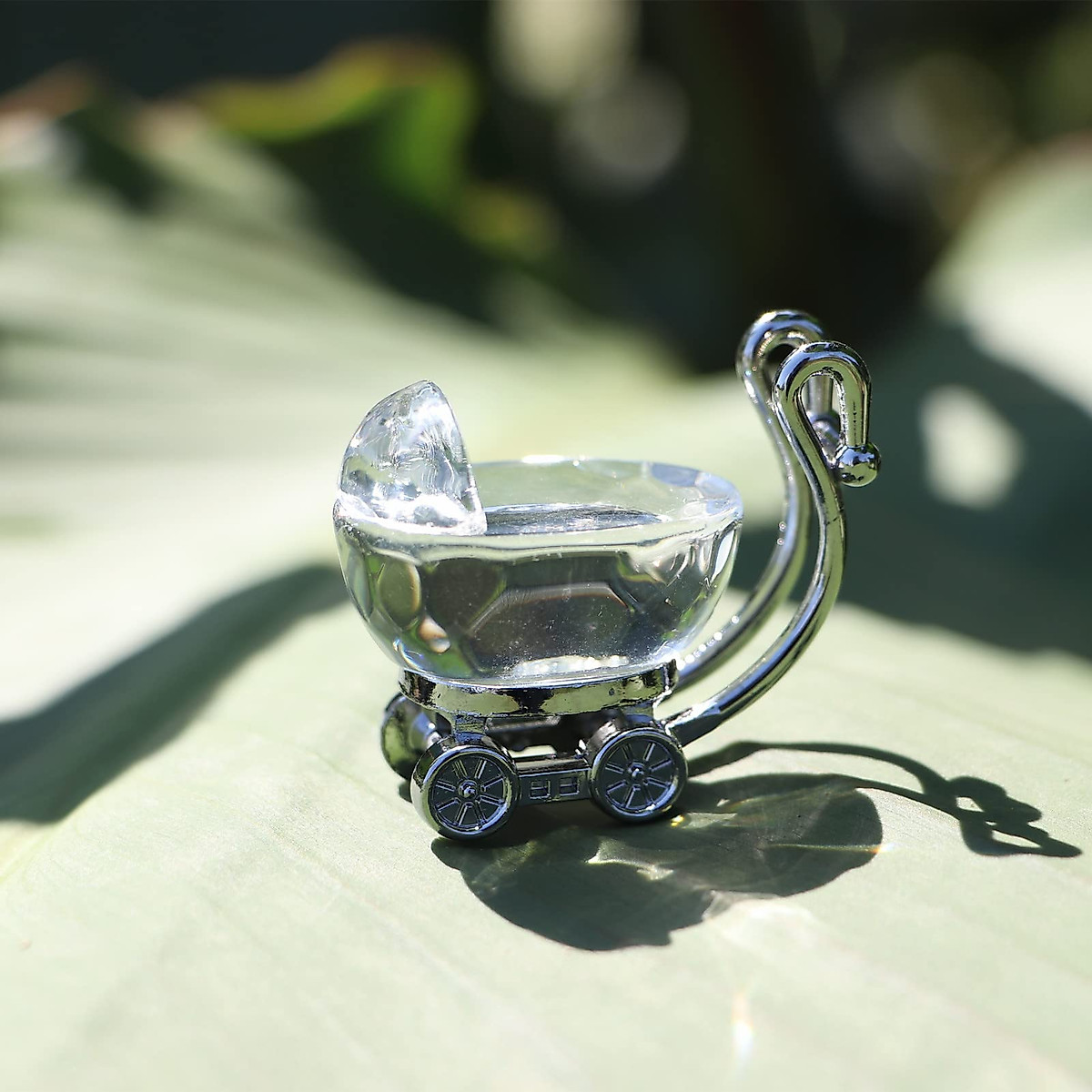 Crystal Stroller Statue Glass Baby Carriage Table Decor Feng Shui Paperweight Collectible Figurine Room Ornament (Silver)