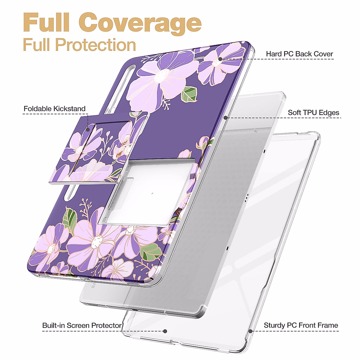 SURITCH for Samsung Galaxy Tab S7 FE Case for Tablet S7+ Plus, S8+ Plus, Built-in Screen Protector & S Pen Holder Full Body Shockproof Protective Cover with Foldable Kickstand, Purple Cosmos