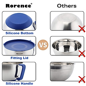 Rorence Mixing Bowls Set: Stainless Steel Non-Slip Bowls with Pour Spout, Handle and Lid - Set of 3 - Blue