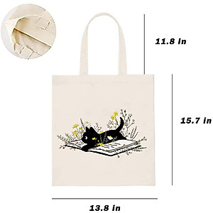Mahrokh Canvas Tote Bag for Woman Funny Aesthetic Tote Bag Cute Cat Flower Reusable Grocery Bags