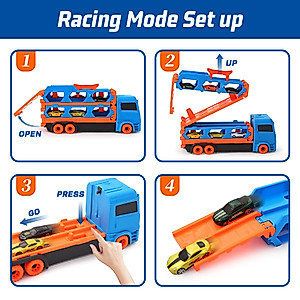 HSEONEJIA Toddler Transport Truck Toy for 2 3 4 5 6 Years Old Boys, 64-Inch Foldable Car Race Track for Boys Kids, 9 in 1 Die-Cast Car Carrier Truck Toy for Boys and Girls Gift