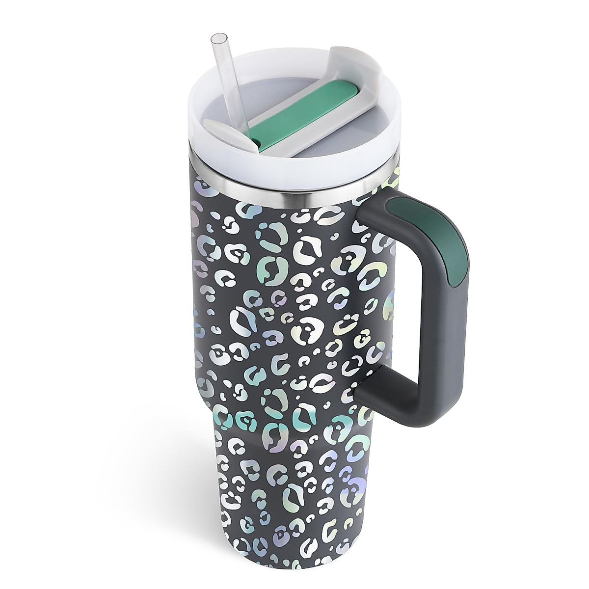 Ochapa 40 oz Tumbler with Handle Leopard Straw Lid Insulated Stainless Steel Vacuum Reusable Cup Holder Friendly Keep Drinks Cold Gifts for Women Lover Car Gym Travel, Cheetah Gray