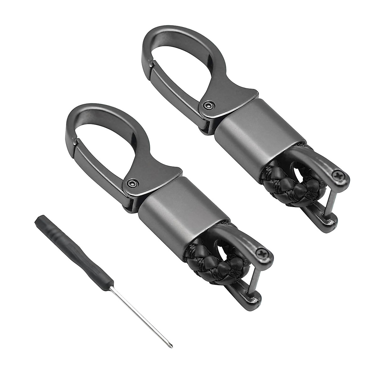 Augeny 2PCS Car Key Fob Keychains, 360 Degrees Rotatable Leather Keys Chain Holder with Anti-Lost D-Ring, Universal Sturdy Metal Key Chains with Screwdriver for Women and Men （Black）