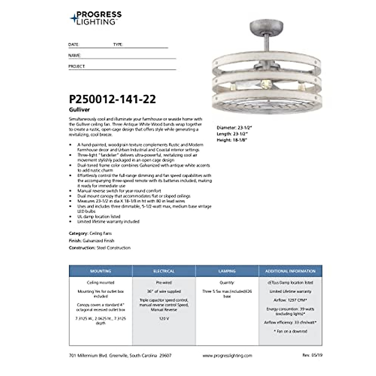 Progress Lighting P250012-141-22 Gulliver Ceiling Fans, 18-1/8" x 23-1/2", Gray