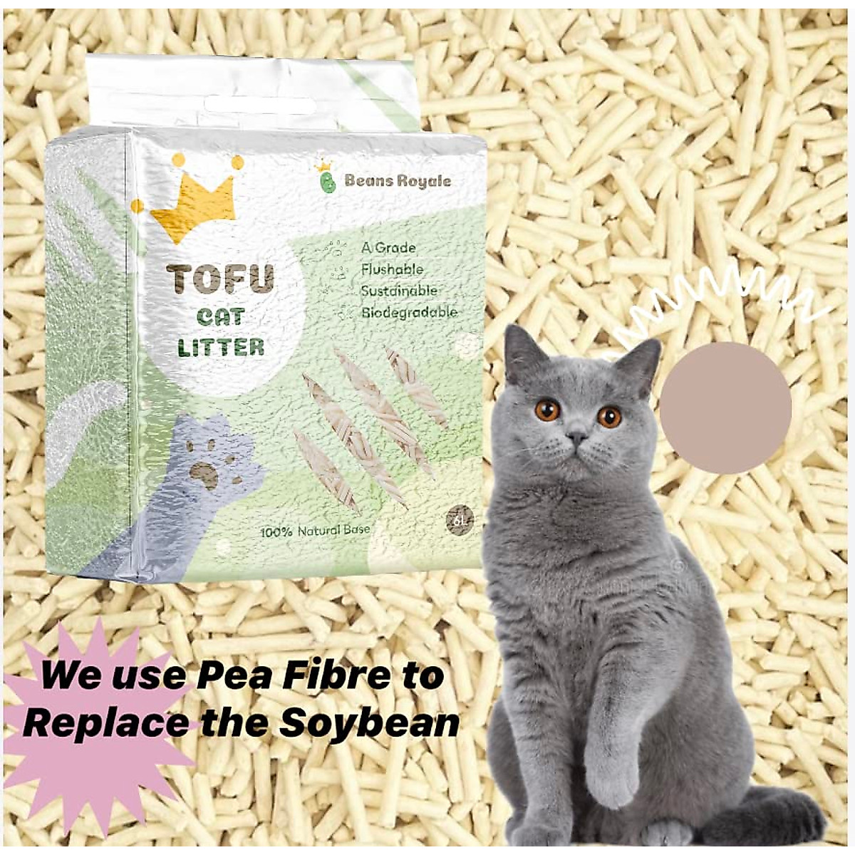 Beans Royale 2pcs Pack (6L x 2) Tofu Cat Litter, Biodegradable, Clumping Kitty Litter, Flushable,Pea Fiber,Dust Free, Odor Control, Low Tracking, Lightweight
