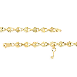 Floreo 10k Yellow Gold Textured Finish Heart Shape Lock and Key Link Charm Bracelet