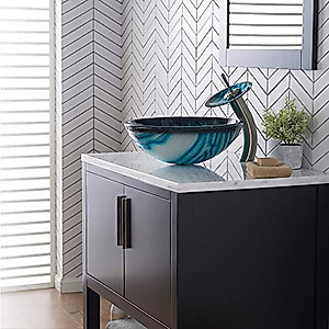 AUS Nature Series™ Blue Glass Bathroom Vessel Sink and Waterfall Faucet Combo Set with Matching Disk and Pop-Up Drain, Satin Nickel Finish