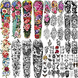 55 Sheets Temporary Tattoo for Men and Women, 8 Full Arm Fake Tattoos, 17 Half Arm Fake Skull Flower Tattoos, 30 Tiny for Adults Kids Body Shoulder Tattoos Stickers Waterproof Realistic Long-Lasting