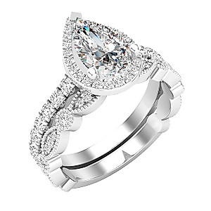 Dazzlingrock Collection 9x6mm Pear Cubic Zirconia & 0.80 Carat Round White Diamond Alternate Marquise Shaped Miligrain Engagement Ring Set for Women in 925 Sterling Silver Size 8