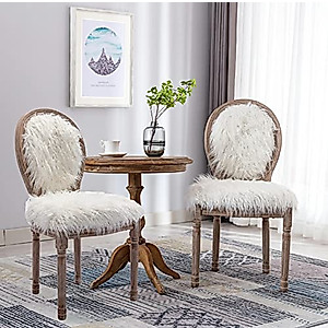 AWQM Faux Fur Dining Chairs Set of 2,Vintage Elegant French Chair with Round Back Distressed Wood,Mid Century Furry Vanity Chair,for Kitchen Dining Room Living Makeup Room, White