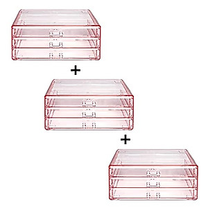 Ikee Design Acrylic Jewelry Makeup Storage Drawer Organizer, 3 Pieces Storage Set for Home Storage and Office Stationary Drawers, Pink Color, 9.38" W x 5.38" D x 12.75" H