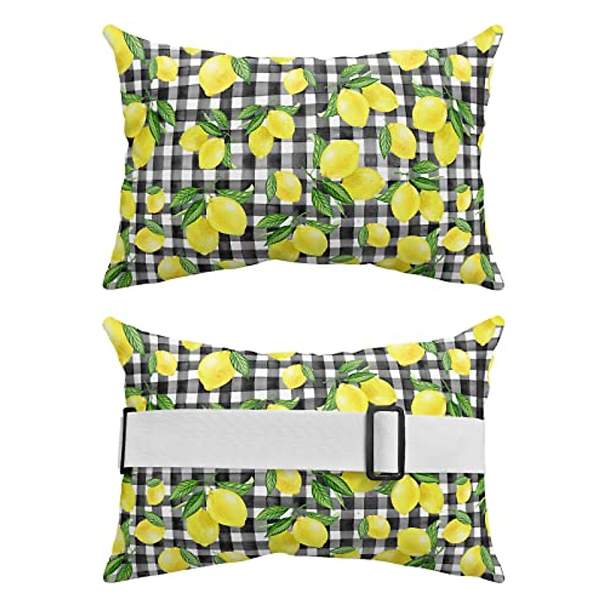 Recliner Head Pillow Ledge Loungers Chair Pillows with Insert Summer Yellow Lemon Black White Buffalo Plaid Lumbar Pillow with Adjustable Strap Outdoor Waterproof Patio Pillows for Beach Pool, 2 PCS