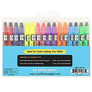U.S. Office Supply Bible Safe Gel Highlighters, Pack of 16 - 2 Sets of 8 Bright Neon Fluorescent Highlight Colors Yellow, Orange, Pink, Purple, Green, Blue - Won't Bleed, Fade or Smear - Study Guide