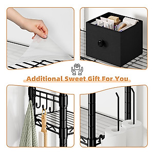 REIBII Over The Toilet Storage Cabinet, 6 Tier Over The Toilet Shelf with Adjustable Feet, Bathroom Over Toilet Storage with 4 Hooks & 2 Paper Holders, Black