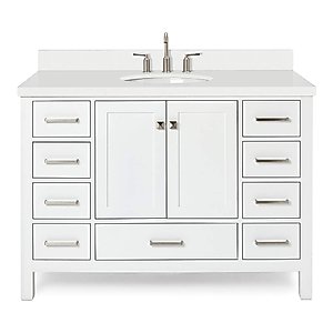 ARIEL 49" White Bathroom Vanity with 1.5" Edge Pure White Quartz Countertop & Backsplash, Center Oval Sink, 2 Soft Closing Doors, 9 Full Extension Dovetail Drawers, Brushed Nickel