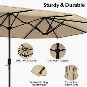 Tangkula 10 Pieces Patio Wicker Dining Set w/Double-Sided Patio Umbrella, Outdoor Acacia Wood Furniture Set w/ 8 Armchairs, 71” Dining Table & 15 ft Umbrella with Weighted Base (Beige)