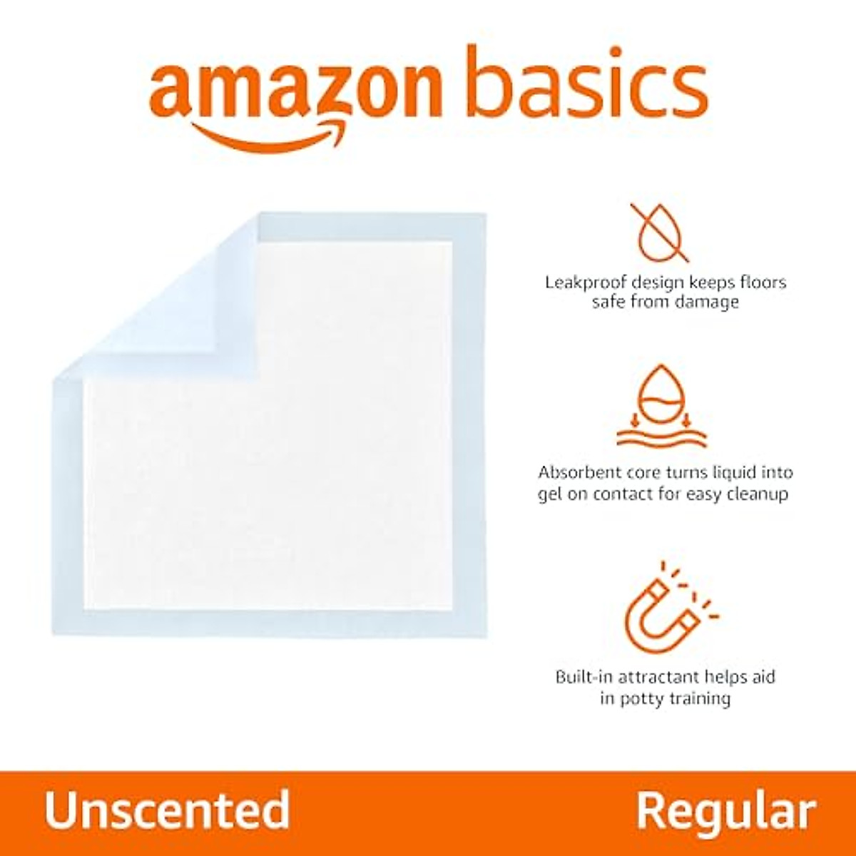 Amazon Basics Dog and Puppy Pee Pads with 5-Layer Leak-Proof Design and Quick-Dry Surface for Potty Training, Standard Absorbency, Regular Size, 22 x 22 Inch - Pack of 50, Blue & White