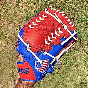 Hit Run Steal Pitcher's Baseball Glove - Right Hand Throw Full Grain Leather Basket Web Glove - Red Blue with White Laces - Perfect for Baseball Players (12 Inch)