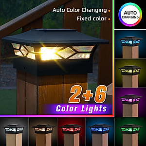 APONUO Solar Post Cap Lights Color Changing,4x4 Post Solar Lights 8 Fixable Colors Deck Post Lights Solar Powered Outdoor for Fence Deck Post Caps 4x4 6x6 Wood&4X4 Vinyl,Black,4 Pack
