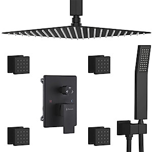 Matte Black Shower System with 4 PCS Shower Body Spray Jets & 12’’ Ceiling Shower Head & Handheld Spray, DASAN Full Body Shower Faucet System with Jets Rainfall Shower Combo Set, SA-SS03BMB-S12C