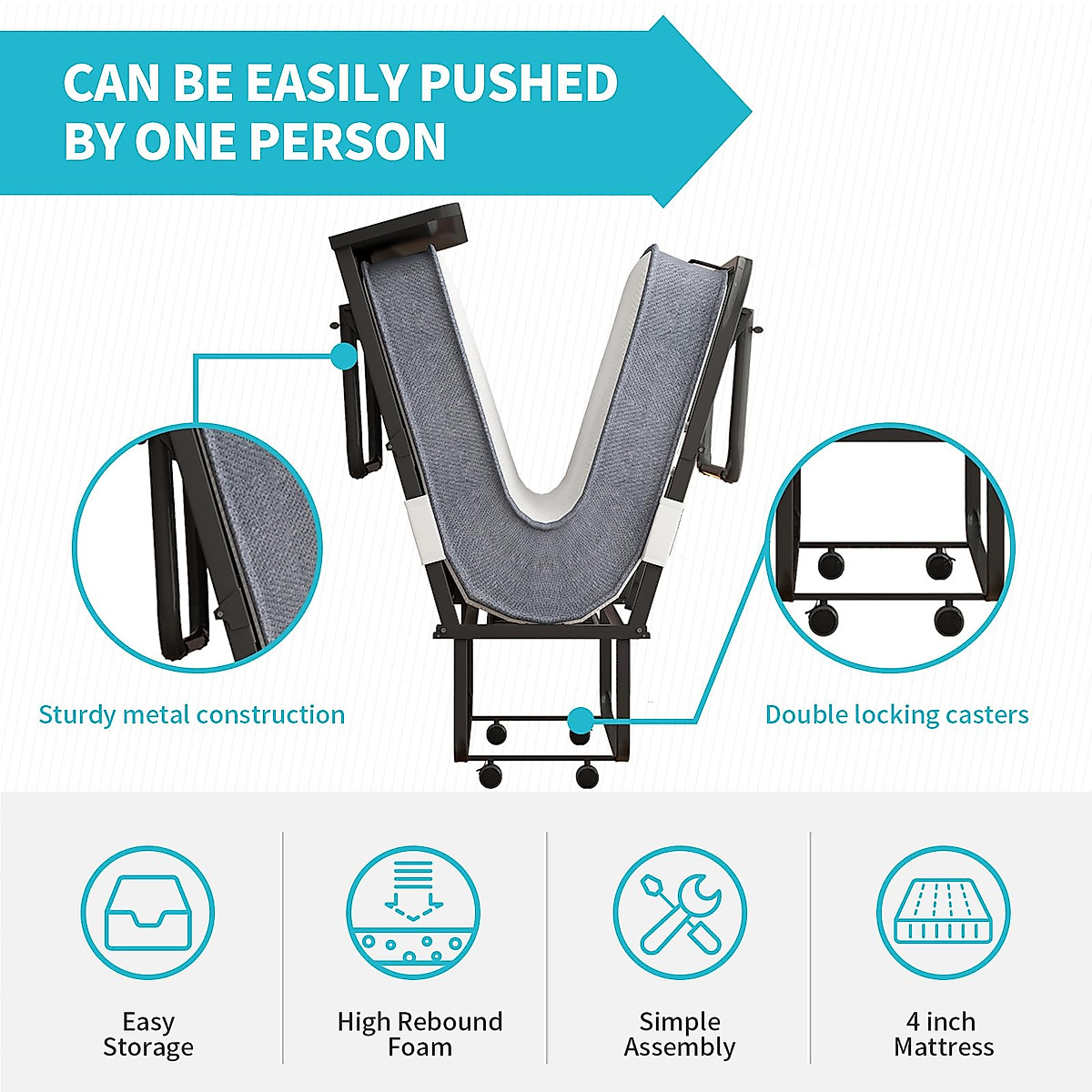 CECER Rollaway Bed with 5 Inch Foam Mattress, 75" x 31" Folding Bed, Cot Size Space-Saving Guest Bed with Headboard, Portable Foldable Bed for Adults with Sturdy Metal Frame and Dust Cover