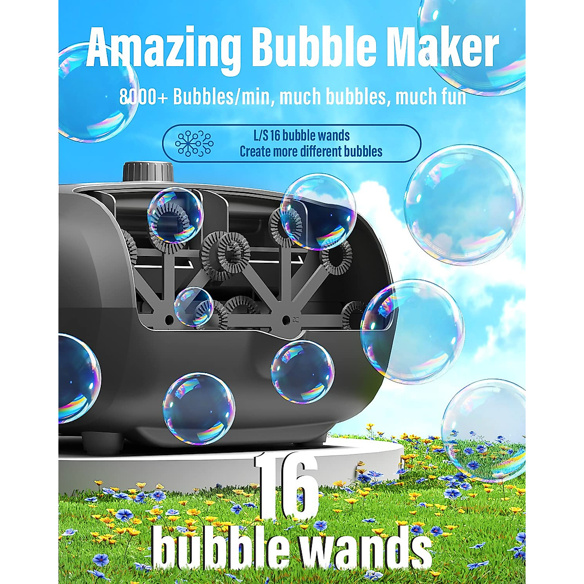 Bubble Machine - 16 Wands 8000+ Bubbles/min Bubble Machine for Kids and Toddlers - 14.2oz Large Capacity Bubble Blower - Automatic Bubble Maker - Bubble Toys for Parties, Wedding, Birthday