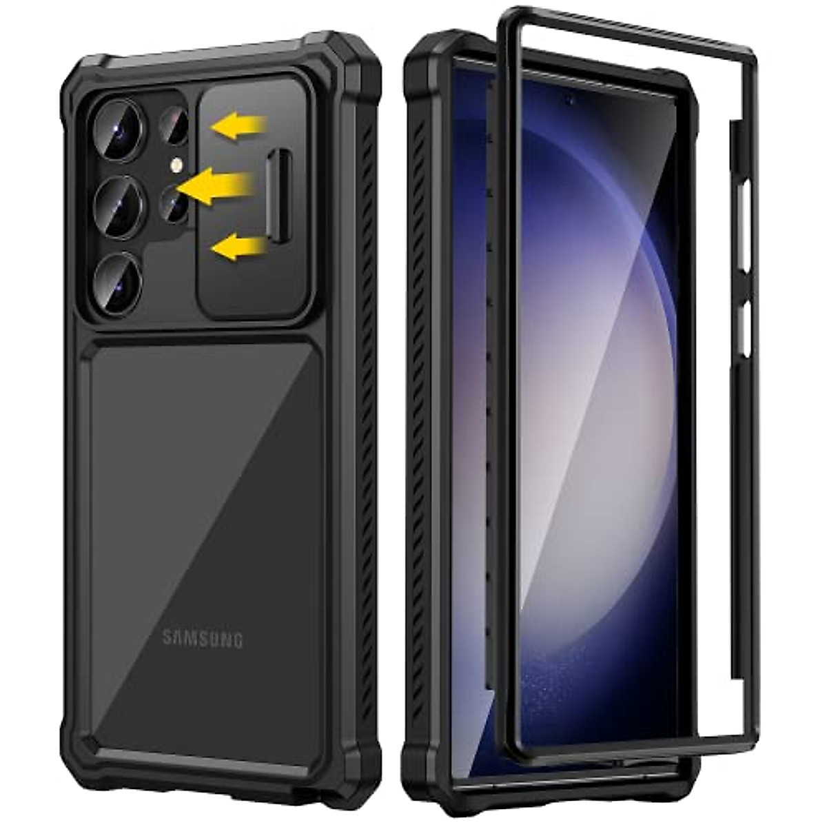 Caka for Galaxy S23 Ultra Case with Slide Camera Lens Cover Military Grade Drop Proof Protection Rugged Protective Clear Phone Case Cover for Samsung Galaxy S23 Ultra 6.8 inch 2023, Black