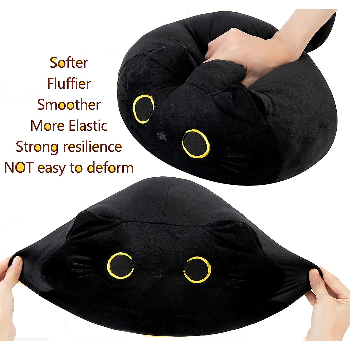 SteasMotai 15.7" 3D Black Cat Plush Toy Pillow, Soft Kawaii Kitten Stuffed Animal Cushion