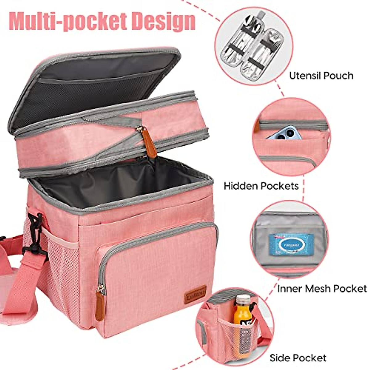 Insulated Lunch Bag for Women Men, Expandable Dual Compartment Lunch Bag with Utensil Pouch, Adult Large Lunch Box for Work, Leakproof Lunch Cooler Bag with Shoulder Strap for Picnic Beach
