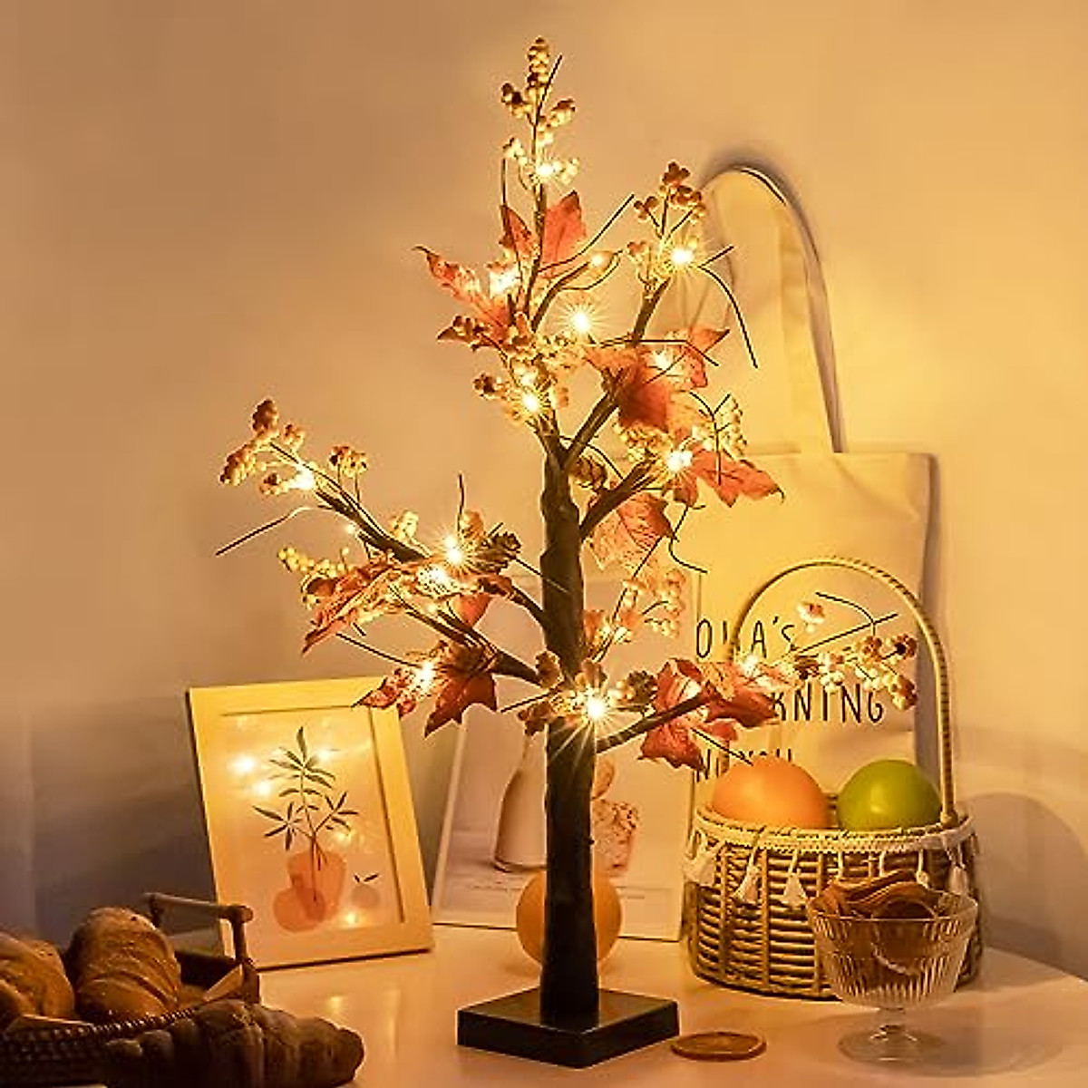 Ethlomoer 2 Pack 24 Inch Artificial Fall Maple Tree, Prelit 48 LEDs for Thanksgiving Decorations Fall Decor, Battery Operated with Timer, Lighted Autumn Tabletop Tree for Harvest Home Indoor Decor