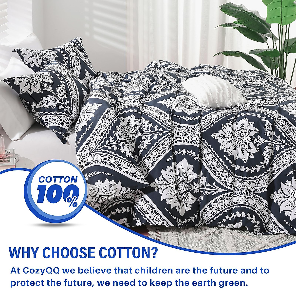 CozyQQ Cotton Duvet Cover King - 100% Cotton 400TC Winter Navy Blue Floral Damask Paisley King Duvet Cover Set, 3 PCS, 1 King Duvet Cover with Zipper & 2 Pillow Shams (104x90, No Comforter)