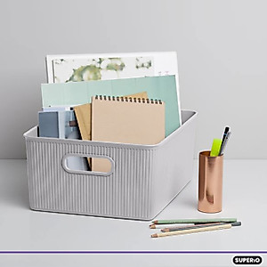 Superio Ribbed Collection - Decorative Plastic Open Home Storage Bins Organizer Baskets, Large White Smoke (1 Pack) Container Boxes for Organizing Closet Shelves Drawer Shelf 15 Liter/16 Quart