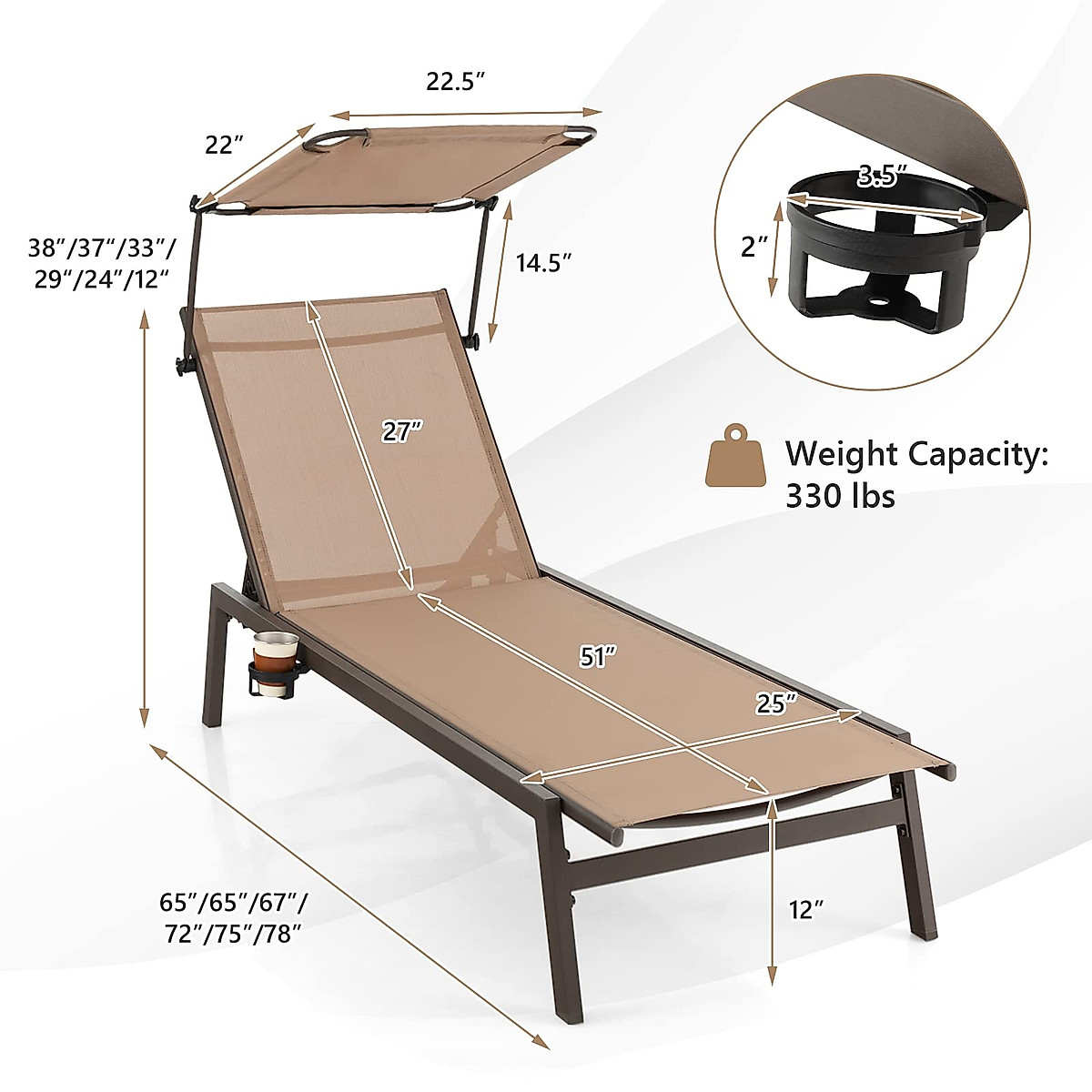 Tangkula Patio Chaise Lounge Chair, Outdoor Recliner with Adjustable Canopy & Cup Holder, 6-Level Backrest, Heavy-Duty Metal Reclining Lounger for Poolside, Backyard (1, Brown)