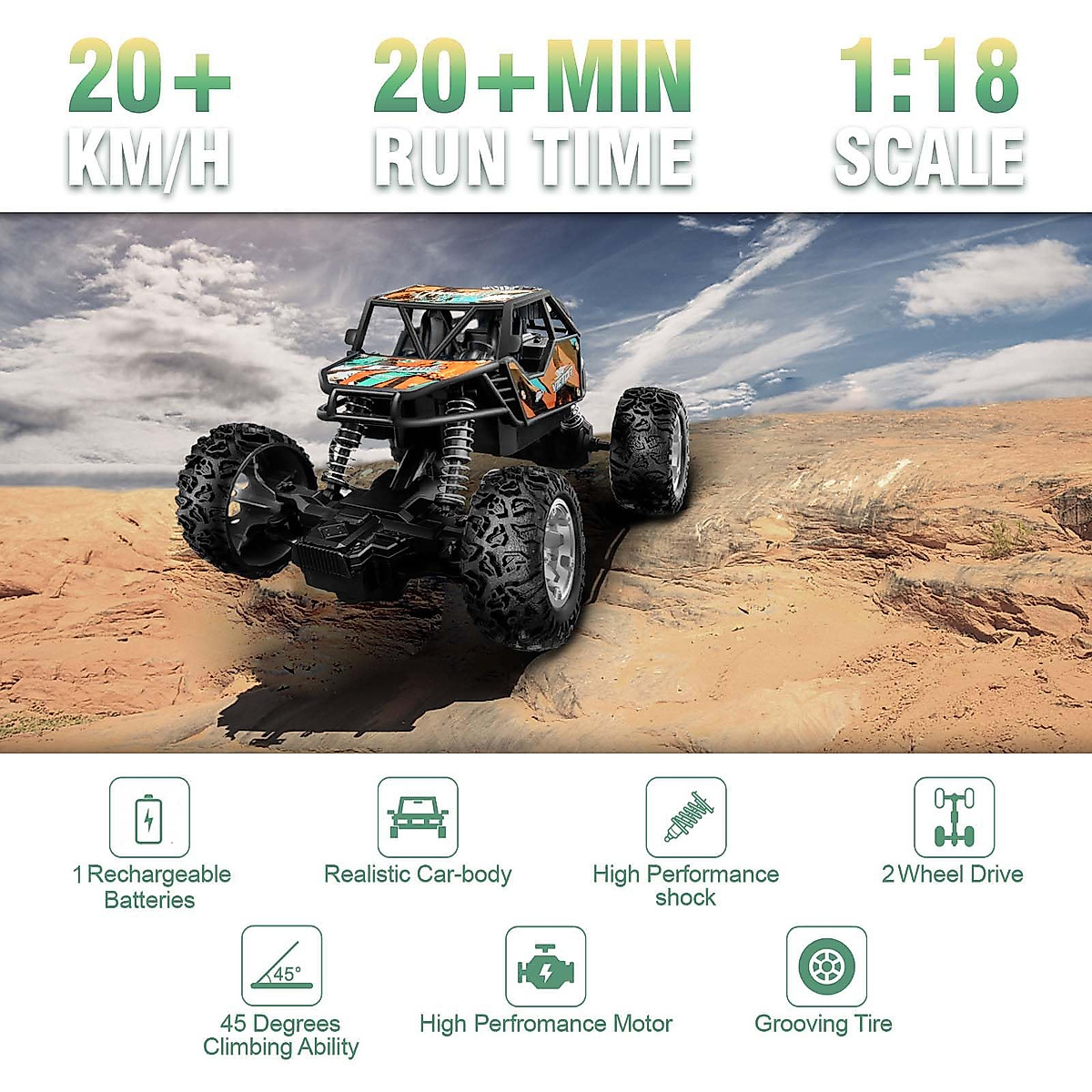 BLUECEDAR RC Racing Car, 2WD High Speed Off Road RC Car with 27 Mhz Remote Control,1:18 Scale RC Monster Vehicle Truck Crawler with One Rechargeable Battery,Gift for Kids and Adults