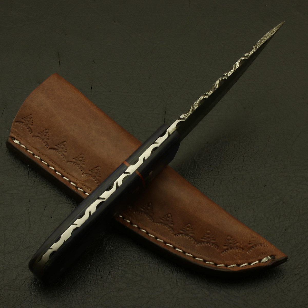 Custom Handmade Damascus Steel Camping Tracker Hunting Knife | Beautiful Rose Wood Handle With Leather Sheath