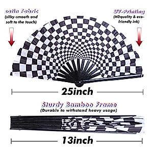 Gionforsy 2pcs Rave Hand Fan Bamboo Holding Hand Fan Large Folding Fan with Bright Color Fabric Folding Fan for Festival (Style-1)