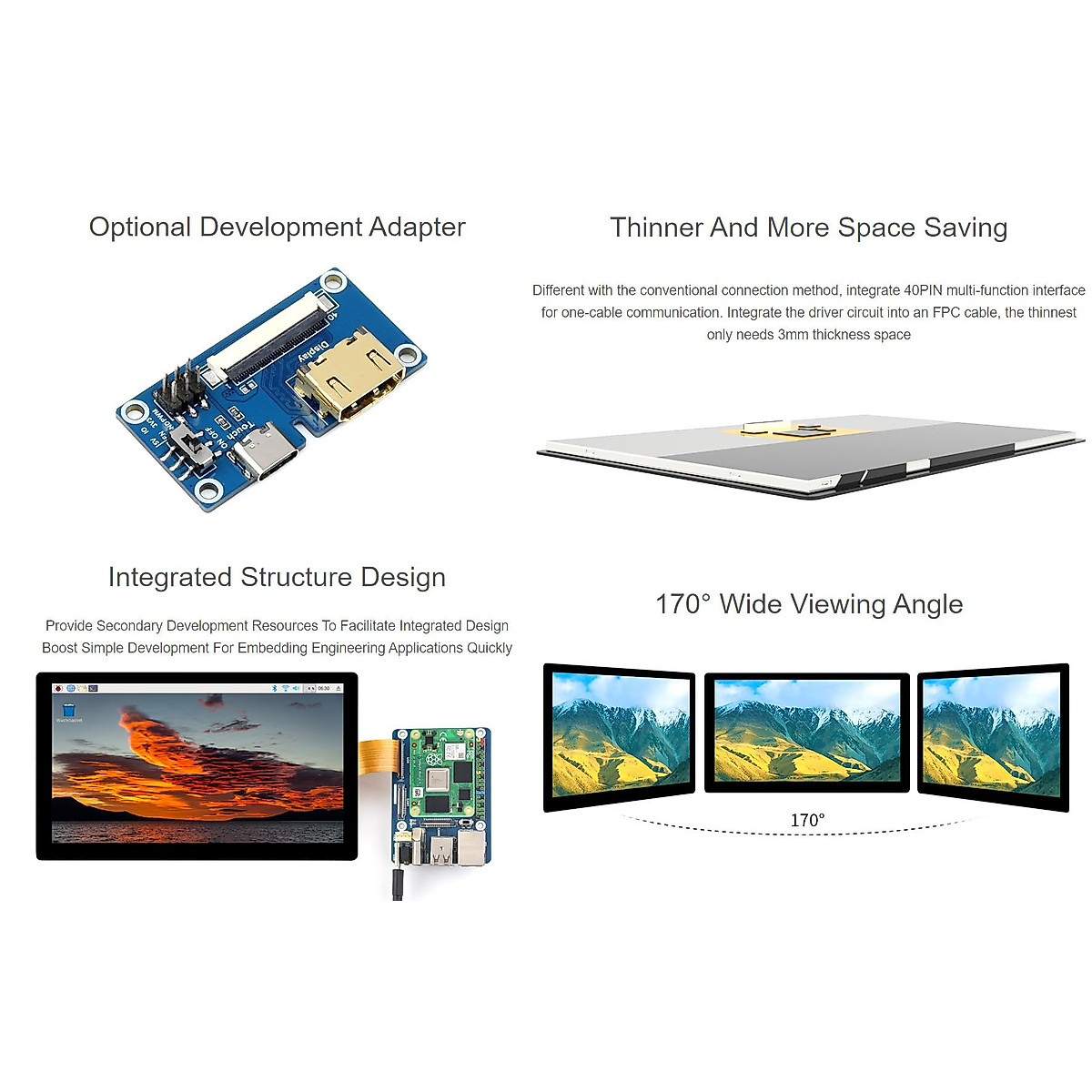 waveshare 7inch IPS Integrated Display Compatible with Raspberry Pi 4B/3B+/3B/2B/B+/A+/Zero/Zero W/WH/Zero 2W Supports Jetson Nano and Windows PC 1024 × 600 Resolution No Touch with Accessories