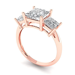 2.62 Ct Princess Cut Clear Simulated Diamond 14K Rose Gold Solitaire with Accents 3 Stone Engagement Anniversary Ring Size 10